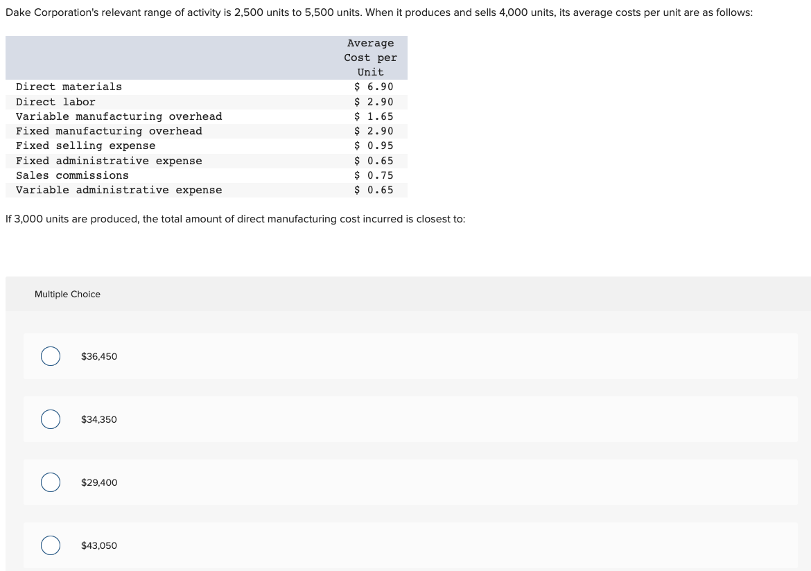 Solved If 3,000 units are produced, the total amount of | Chegg.com