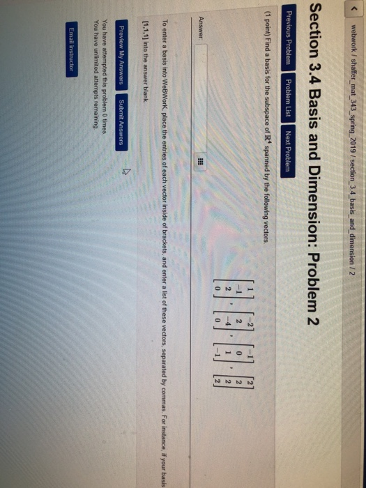Solved Section 3.4 Basis and Dimension: Problem 2 de | Chegg.com