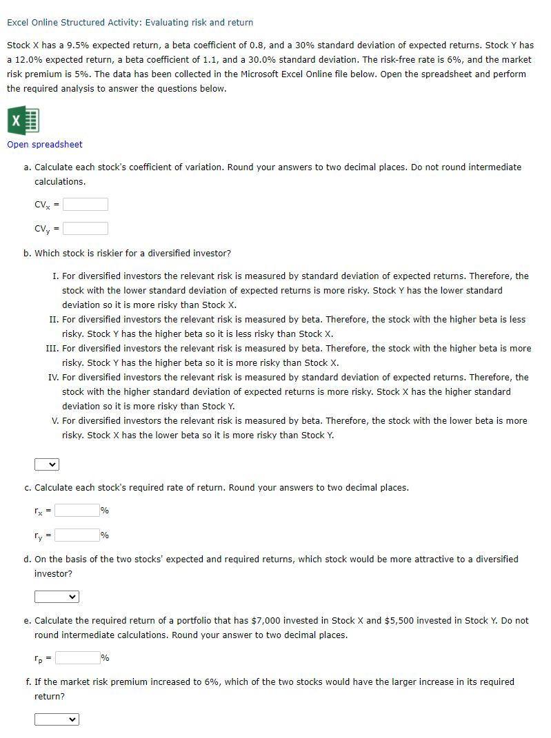 Solved Excel Online Structured Activity: Evaluating risk and | Chegg.com