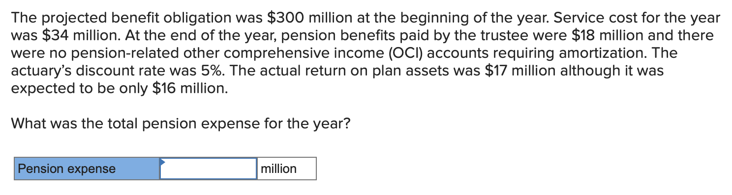 Solved The projected benefit obligation was $300 million at | Chegg.com