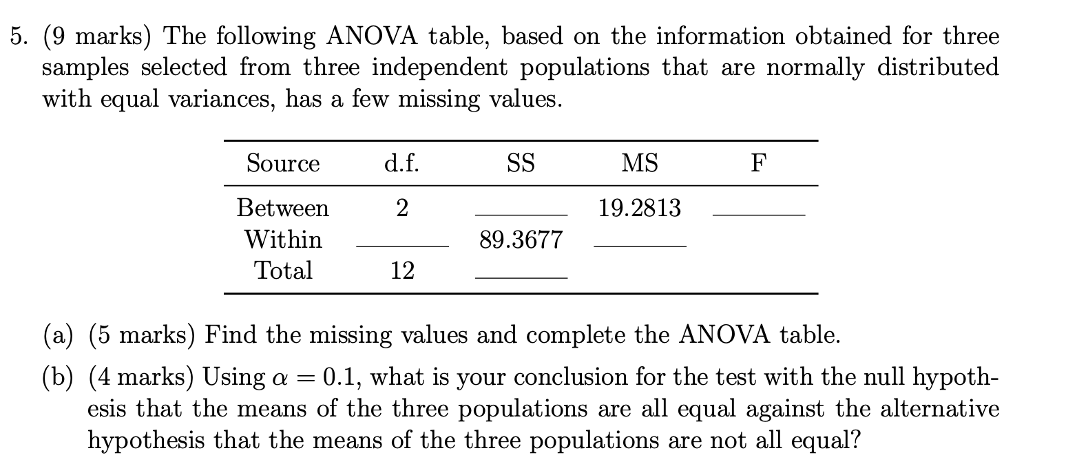 Solved 5. (9 marks) The following ANOVA table, based on the | Chegg.com