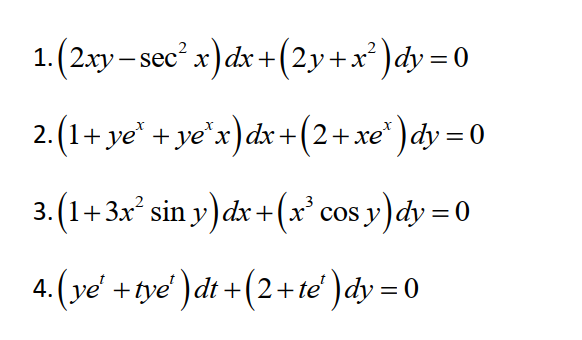 Solved 1. (2xy-sec? x) dx +(2y + x) dy = 0 2.(1+ ye" + | Chegg.com