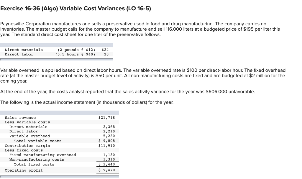 Solved Exercise 16-36 (Algo) Variable Cost Variances (LO | Chegg.com