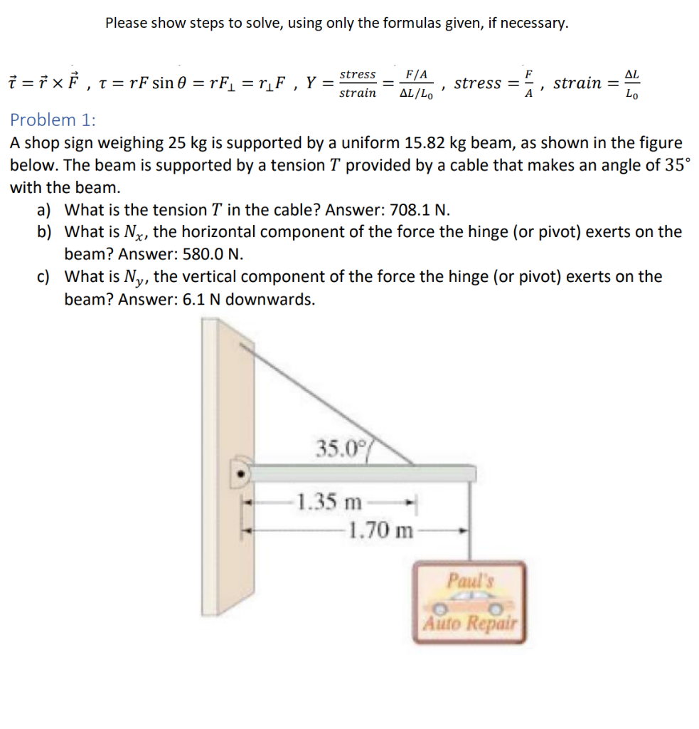 Please show steps to solve, using only the formulas | Chegg.com