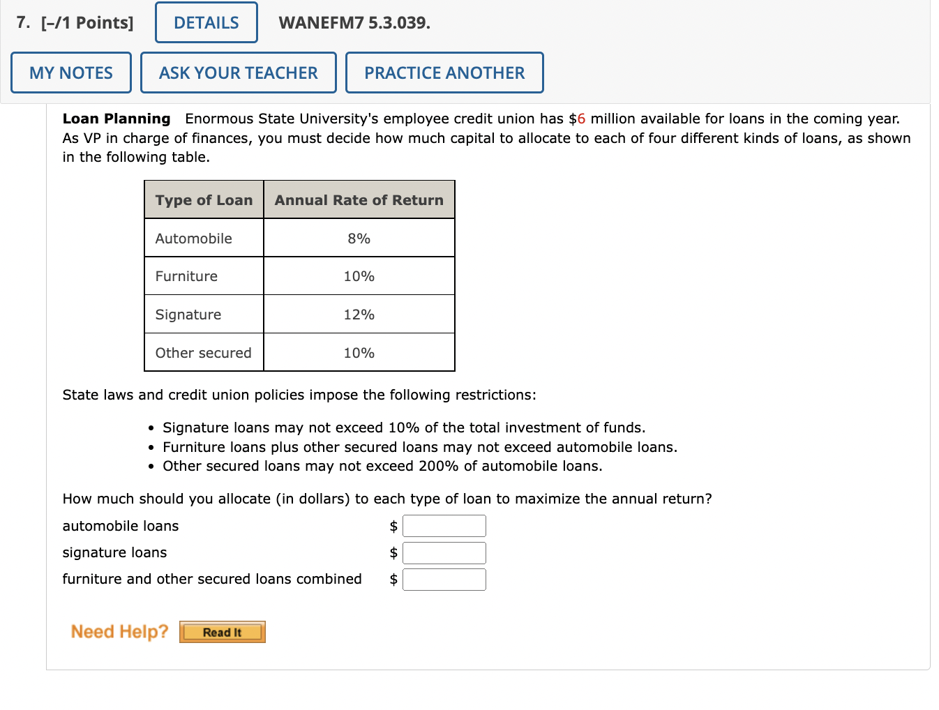 Solved [-/1 Points] WANEFM7 5.3.039. Loan Planning Enormous | Chegg.com