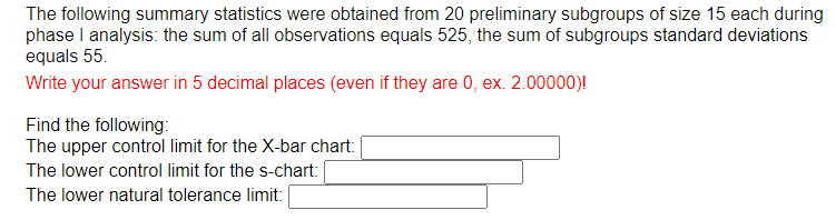 Solved The following summary statistics were obtained from | Chegg.com