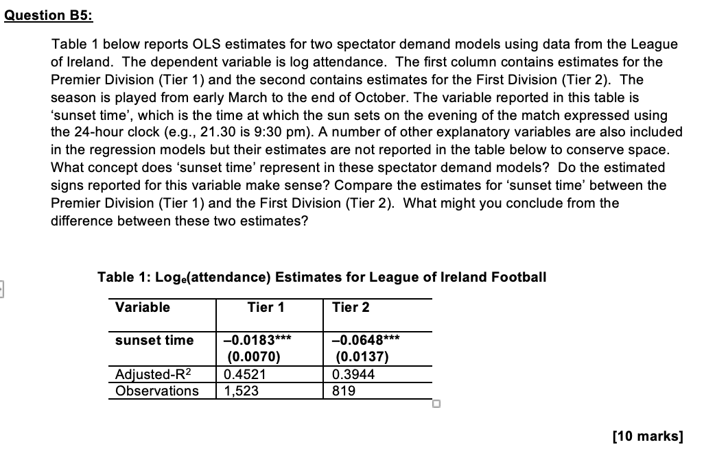 Solved Question B5: Table 1 below reports OLS estimates for | Chegg.com