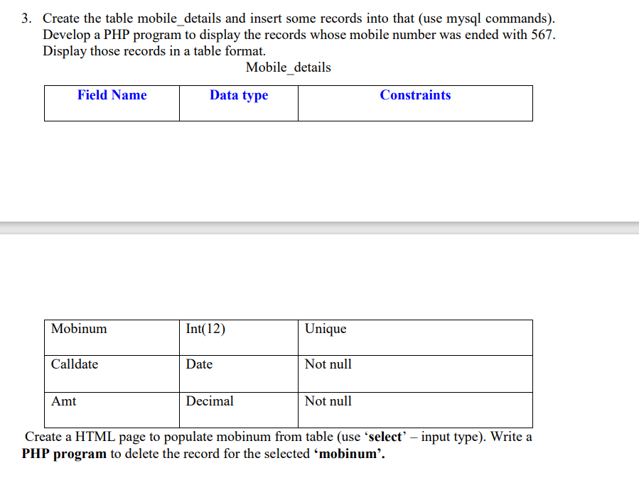 Solved 3. Create the table mobile_details and insert some | Chegg.com