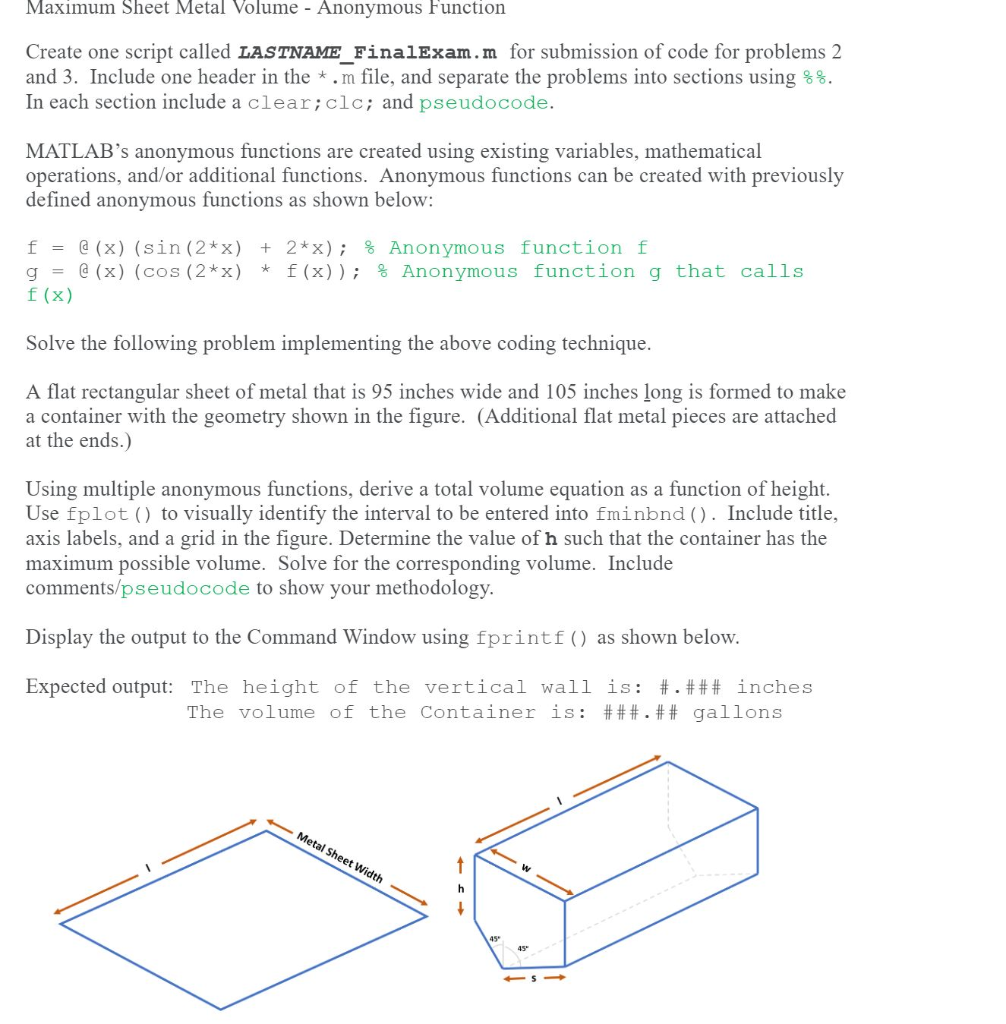 Maximum Sheet Metal Volume - Anonymous Function | Chegg.com