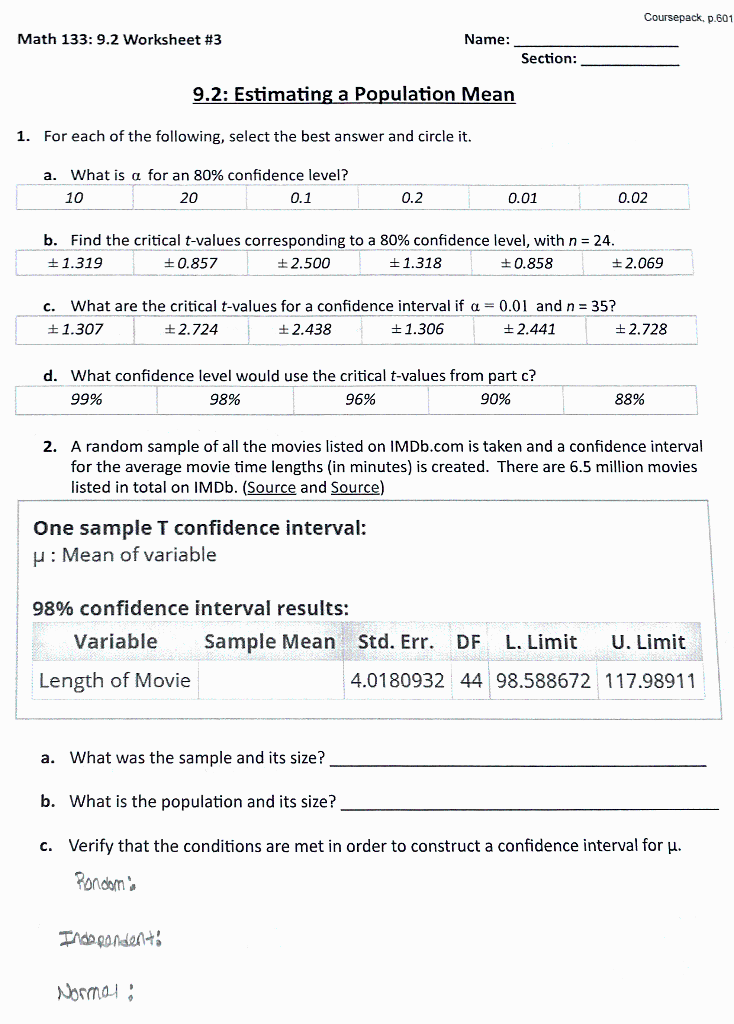 Solved Coursepack, p.601 Math 133: 9.2 Worksheet #3 Name: | Chegg.com