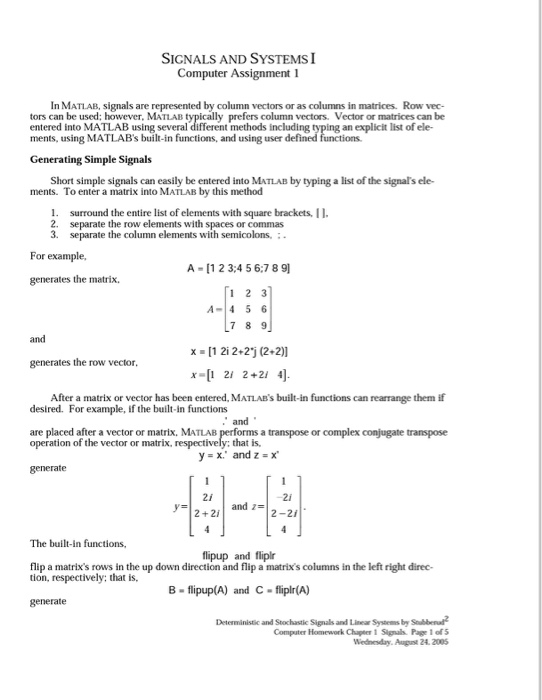 Solved Signals And Systemsi Computer Assignment 1 In Matlab