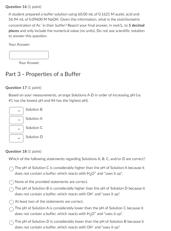 Solved Question 16 (1 point) A student prepared a buffer | Chegg.com