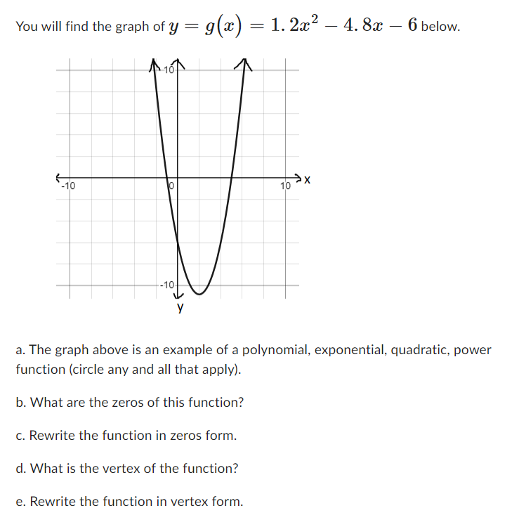 Solved You will find the graph of y=g(x)=1.2x2−4.8x−6 below. | Chegg.com