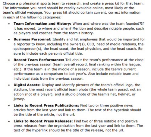 Choose a professional sports team to research, and | Chegg.com