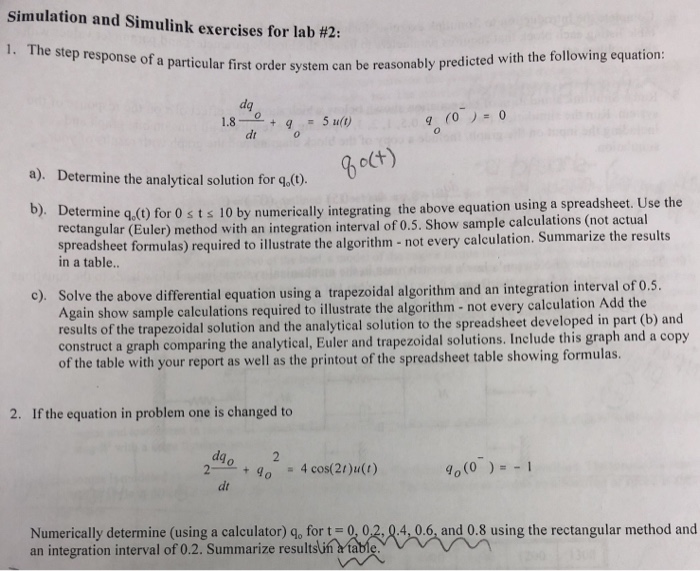 Simulation and Simulink exercises for lab #2: 1. The | Chegg.com