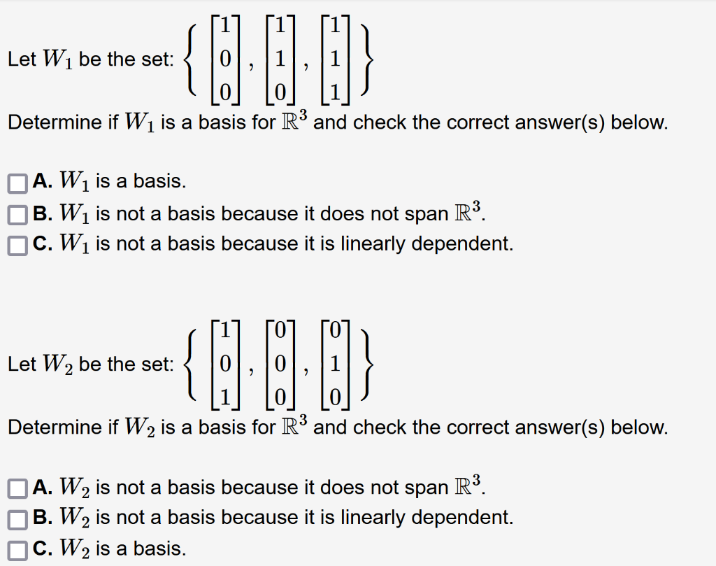 Solved Let Wį be the set: {69-80) Determine if W1 is a basis | Chegg.com
