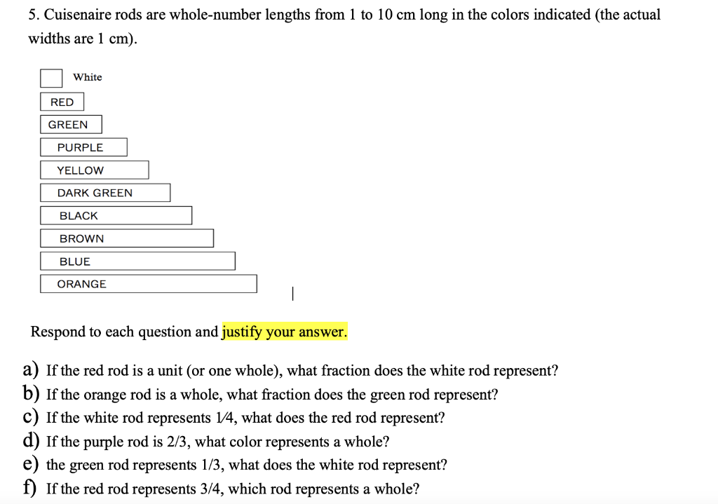 Solved 5. Cuisenaire rods are whole-number lengths from 1 to | Chegg.com