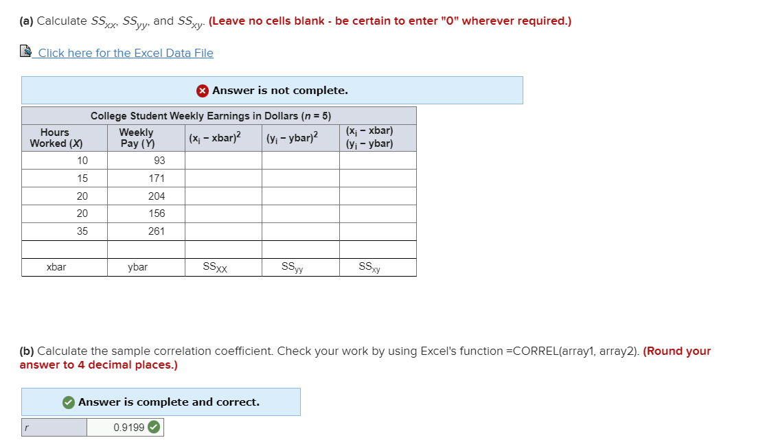 Solved (a) Calculate SSxx,SSyy, and SSxy (Leave no cells | Chegg.com
