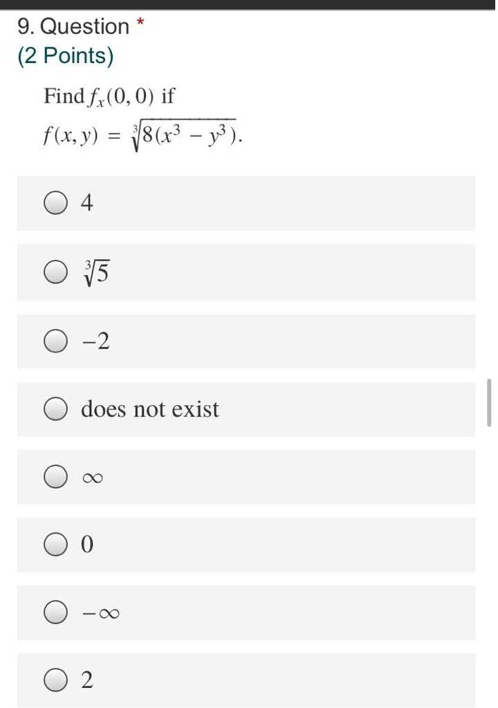 Solved 9. Question (2 Points) Find fx(0,0) if f(x, y) = | Chegg.com