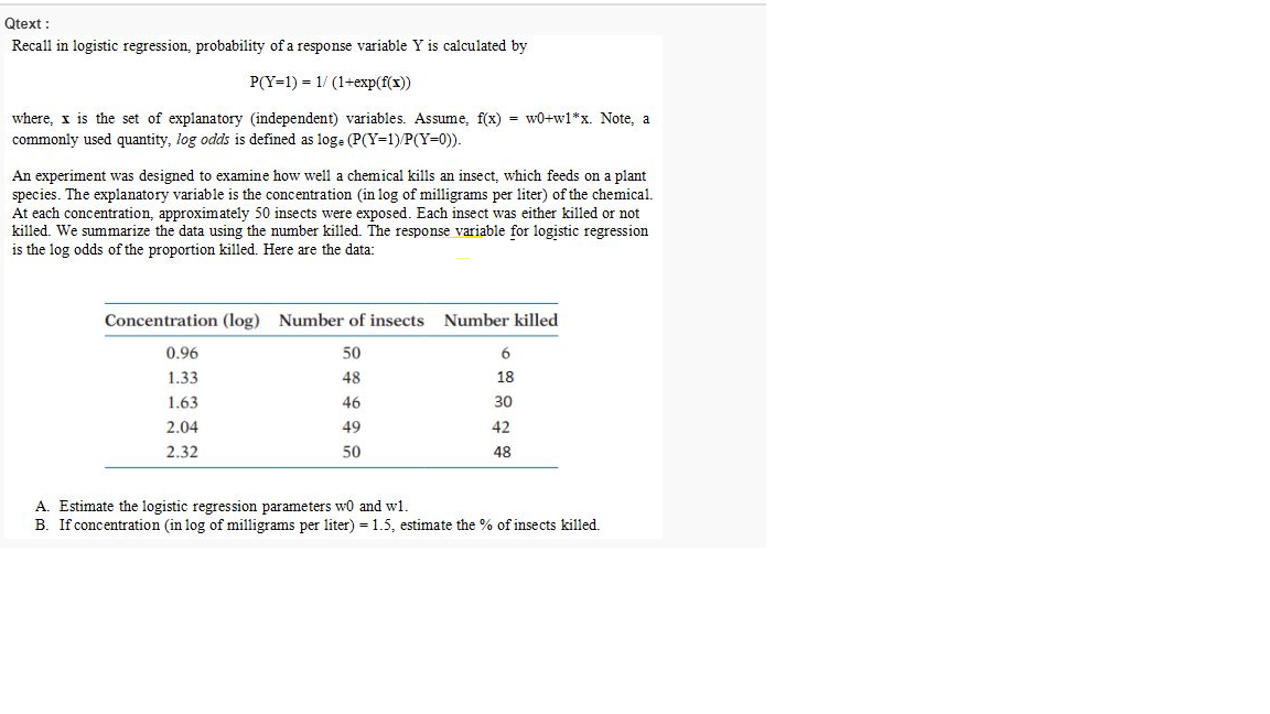 Qtext: Recall in logistic regression, probability of | Chegg.com