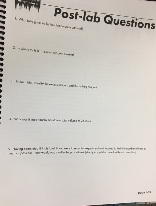 xperiment 8 Post-lab Questions 1. What ratio gave the | Chegg.com