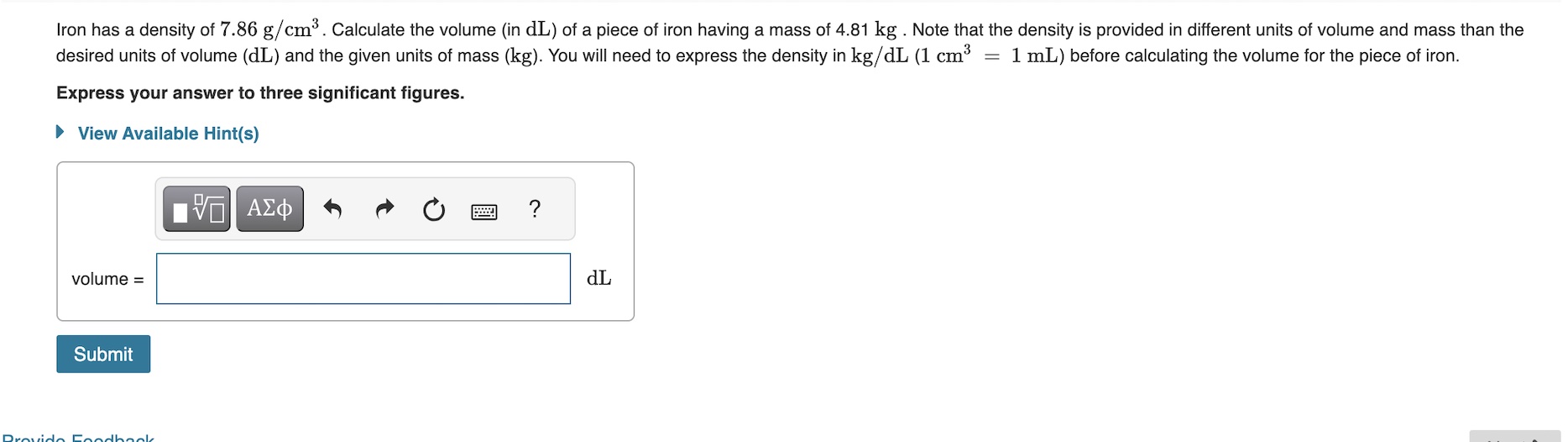 Solved Iron has a density of 7.86 g/cm3. Calculate the | Chegg.com