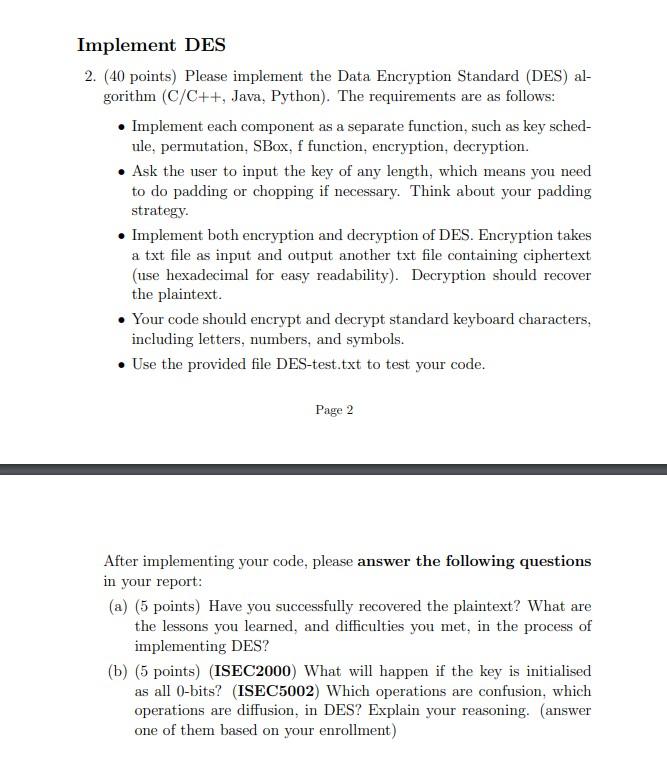 Solved Implement DES 2. (40 points) Please implement the | Chegg.com