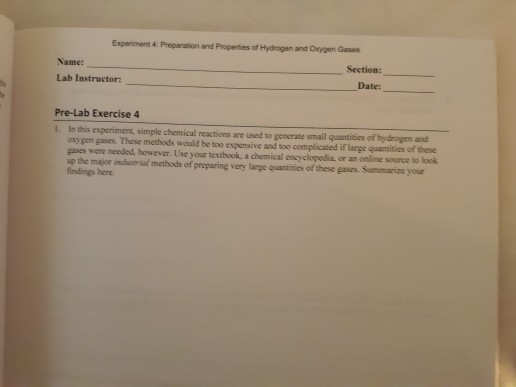 Solved Experiment Preparation and Properties of Hydrogen and | Chegg.com