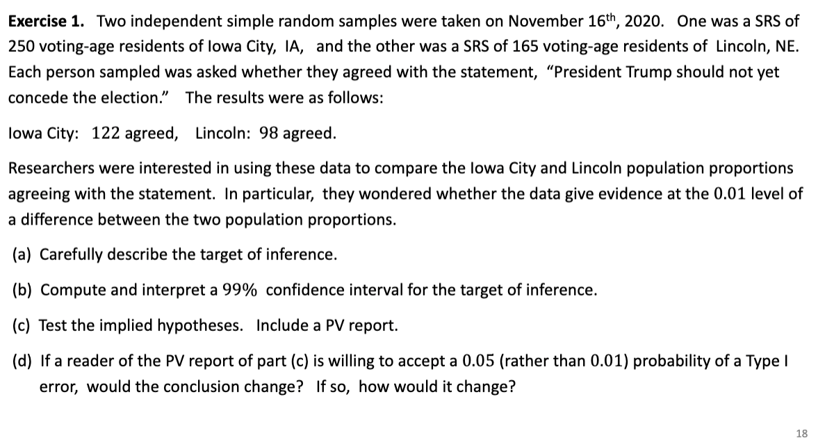 Solved Exercise 1. Two independent simple random samples | Chegg.com