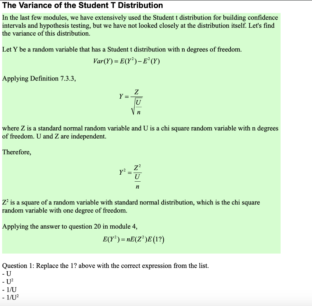 Solved The Variance of the Student T Distribution In the | Chegg.com