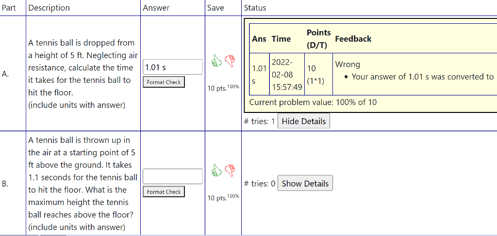 Solved Part Description Answer Save Status Ans Time Points | Chegg.com Solved Part Description Answer Save Status Ans Time Points | Chegg.com