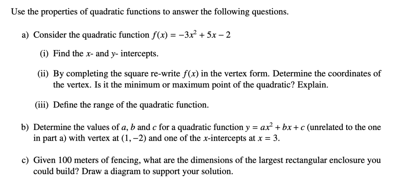 Solved Use the properties of quadratic functions to answer | Chegg.com
