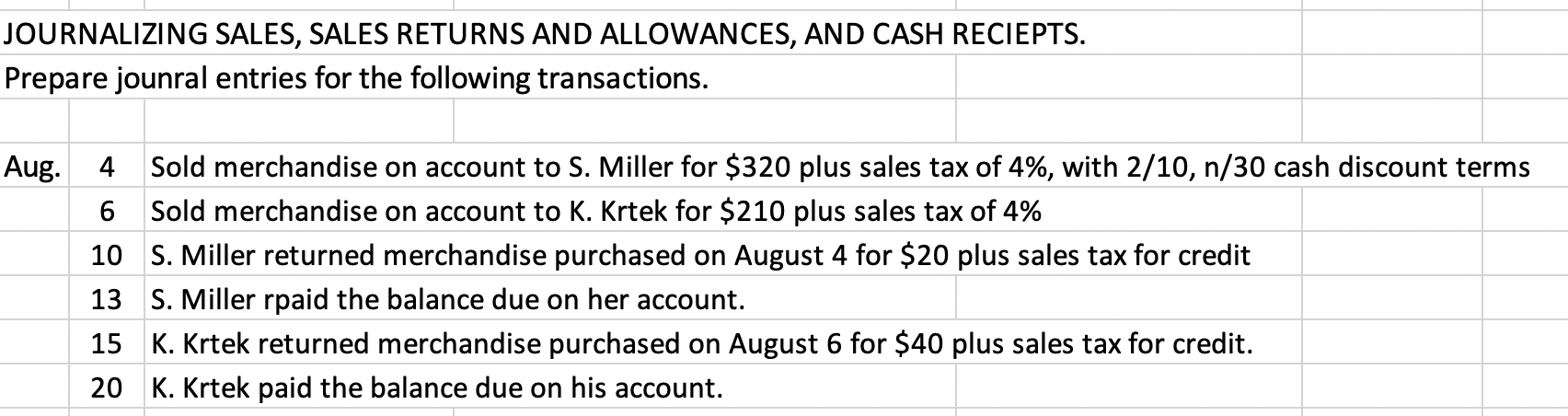 Solved JOURNALIZING SALES, SALES RETURNS AND ALLOWANCES, AND | Chegg.com Solved JOURNALIZING SALES, SALES RETURNS AND ALLOWANCES, AND | Chegg.com