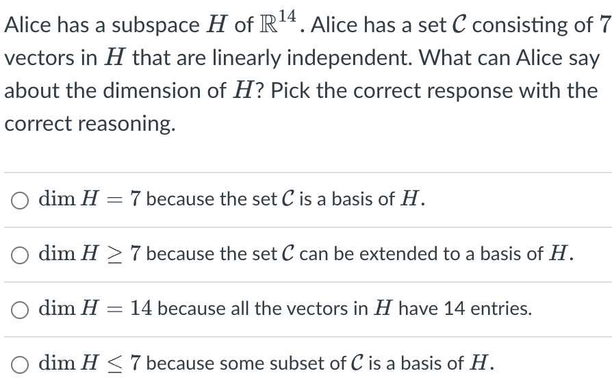 Solved Alice has a subspace H of R^(14). Alice has a set C | Chegg.com
