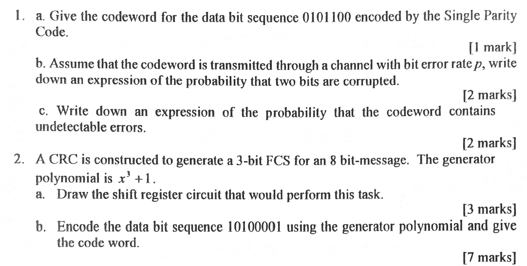 1. a. Give the codeword for the data bit sequence | Chegg.com