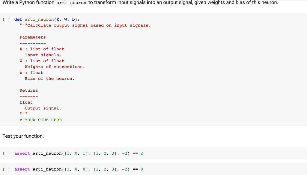 Solved Write a Python function arti_neuron to transform | Chegg.com