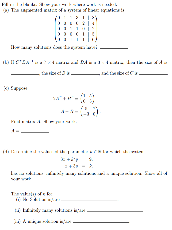 Solved Fill in the blanks. Show your work where work is | Chegg.com