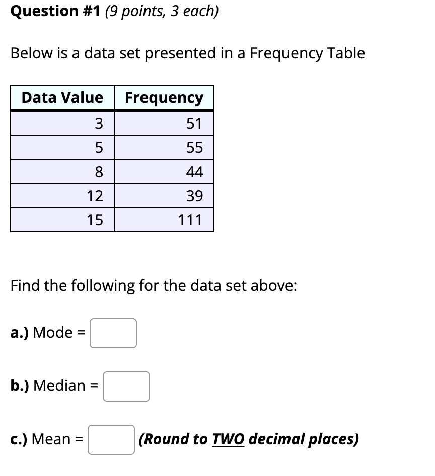 Solved Question #1 (9 points, 3 each) Below is a data set | Chegg.com