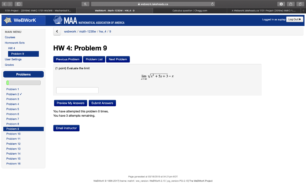 Solved a webwork.lakeheadu.ca WaB'WorK : Math-1230W: HW4:9$ | Chegg.com