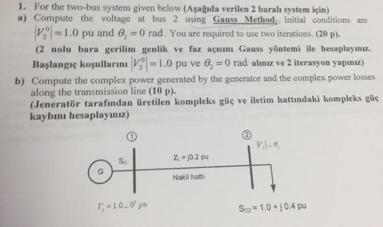 Solved 1. For the two-bus system given below (Aşağıda | Chegg.com