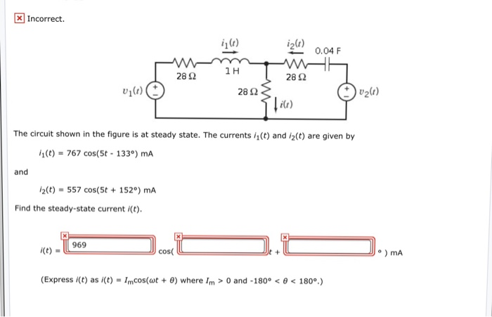 Solved Incorrect il (r) i20) 0.04 F 1 H 28 Ω 28 2 v24) 28 22 | Chegg.com