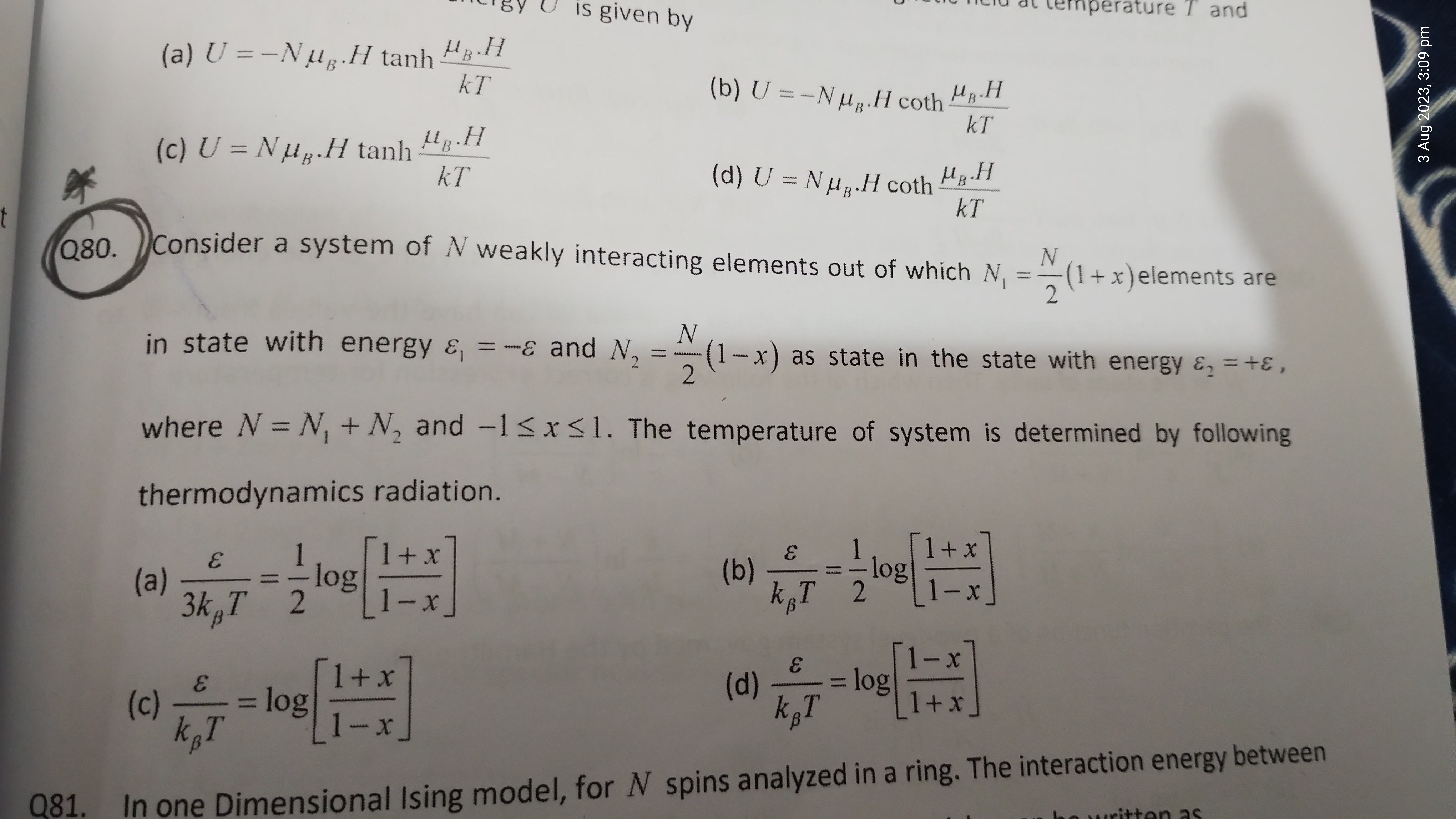 Solved (a) U=−NμB⋅HtanhkTμB⋅H (b) U=−NμB⋅HcothkTμB⋅H (c) | Chegg.com