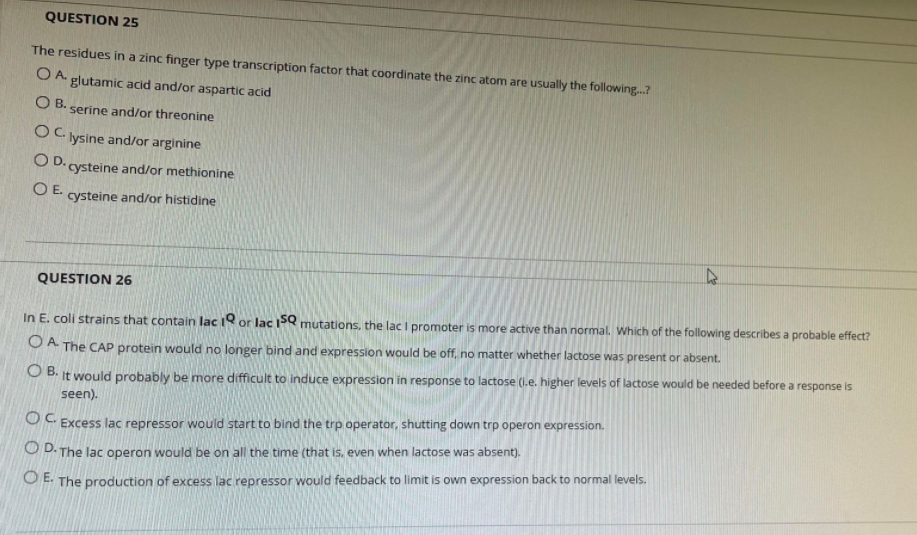 Solved QUESTION 25 The residues in a zinc finger type | Chegg.com