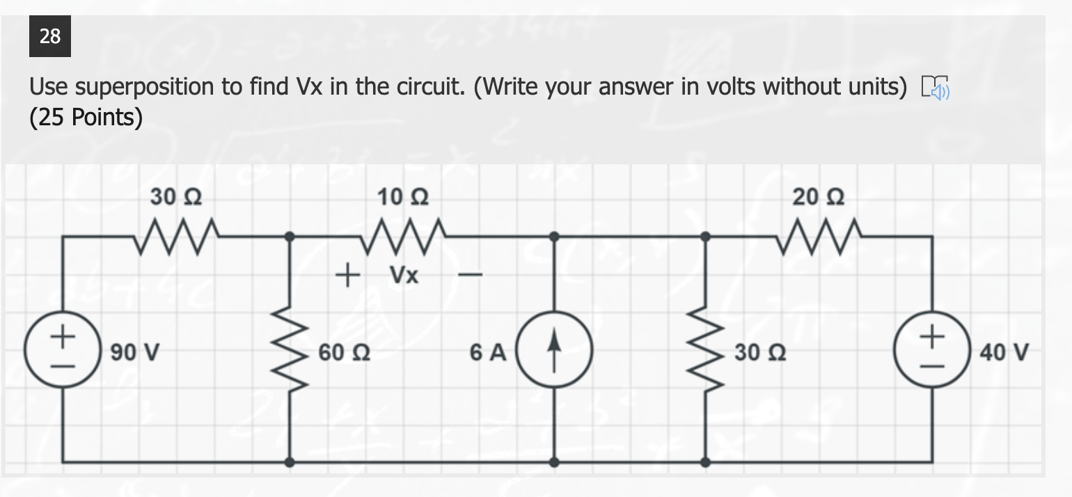 Solved 28 Use superposition to find Vx in the circuit. | Chegg.com