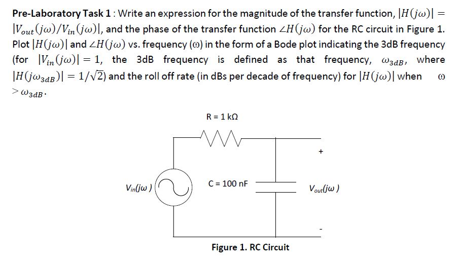 Solved Pre-Laboratory Task 1: Write an expression for the | Chegg.com