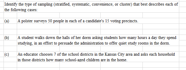 Solved Identify the type of sampling (stratified, | Chegg.com