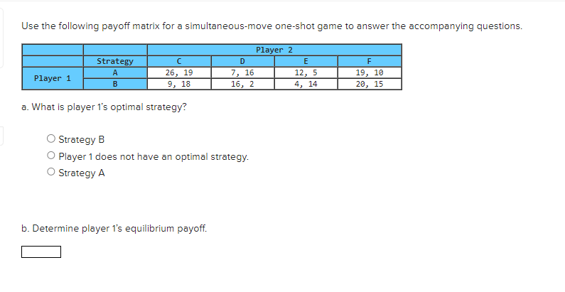 Solved Use the following payoff matrix for a | Chegg.com