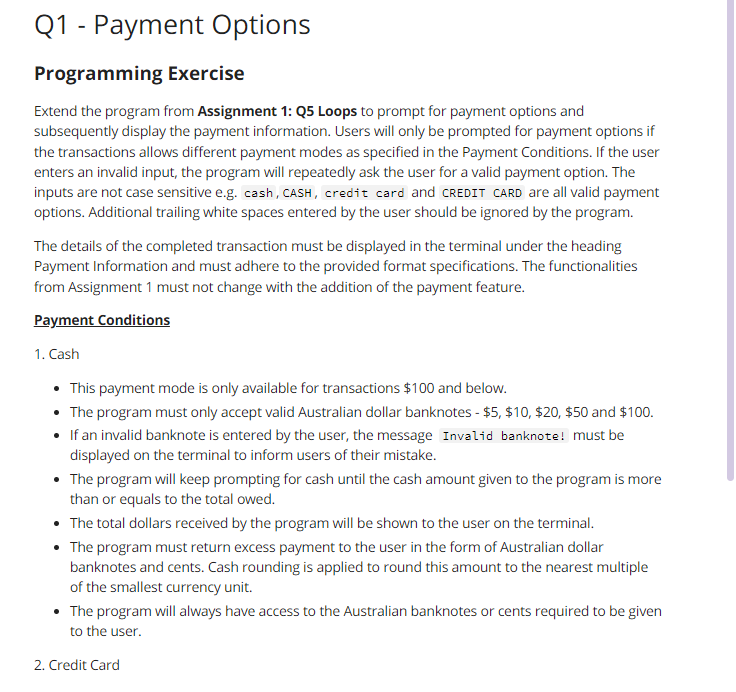 Solved Q1 - Payment Options Programming Exercise Extend the | Chegg.com
