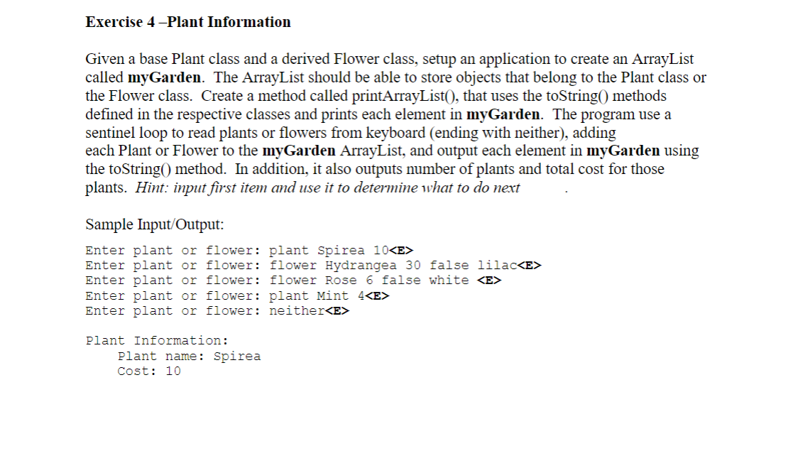 Solved Exercise 4-Plant Information Given a base Plant class | Chegg.com