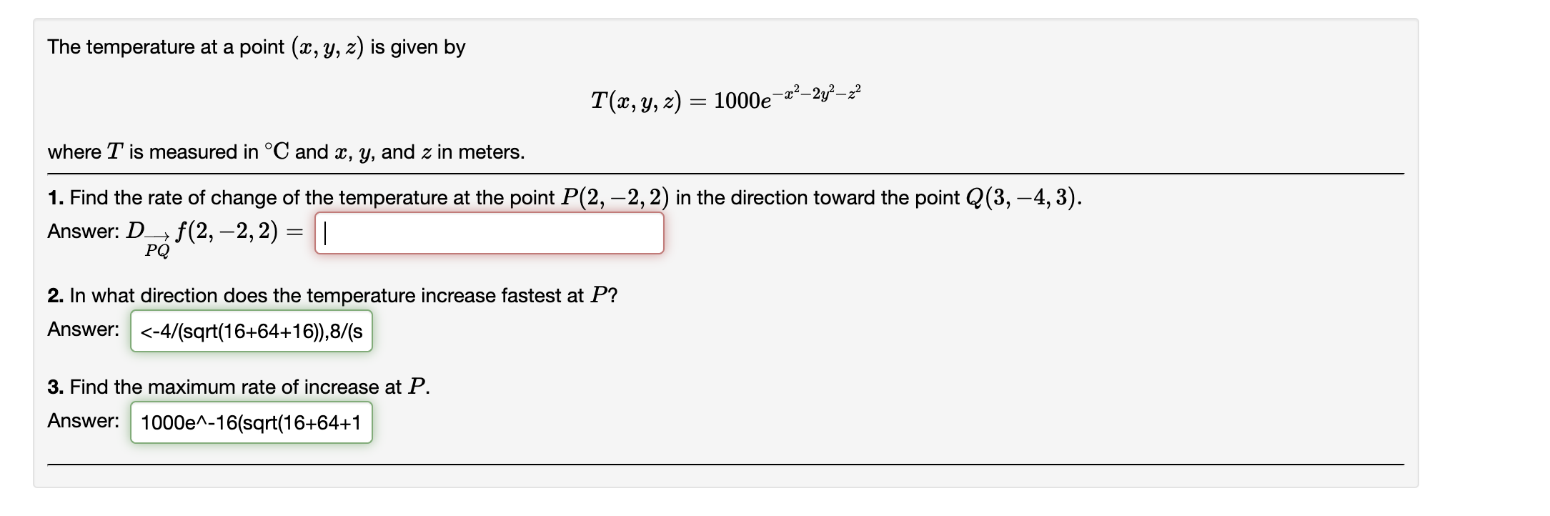 Solved The temperature at a point (x,y,z) is given by | Chegg.com